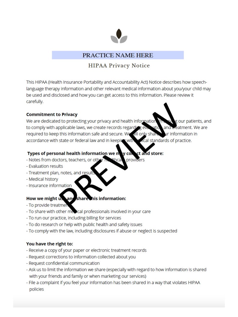 HIPAA Privacy Notice for Speech Therapy | Fillable, Printable PDF - Etsy