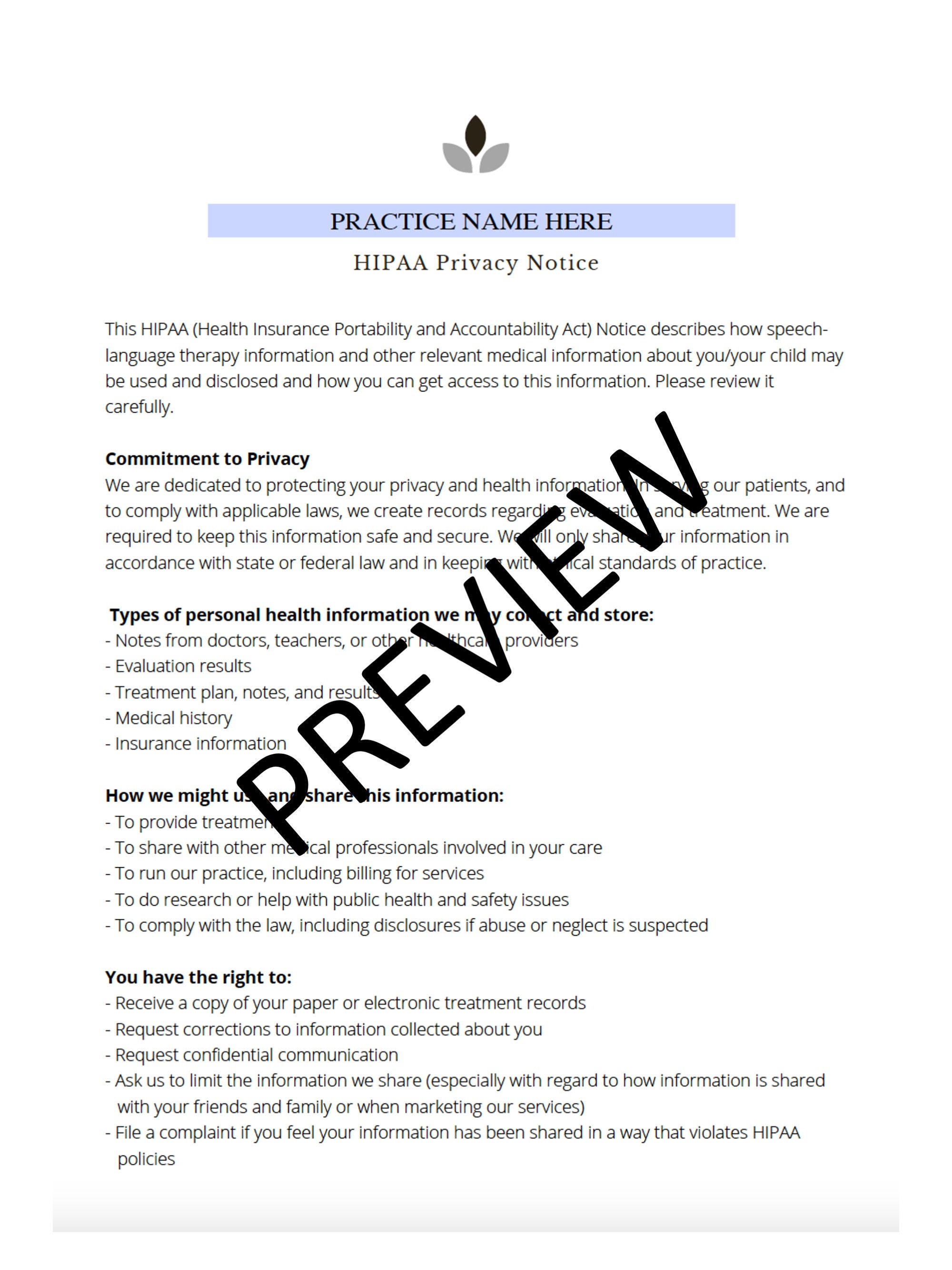 HIPAA Privacy Notice for Speech Therapy | Fillable, Printable PDF - Etsy