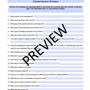 Calendar Questions Worksheet for Language Therapy | Fillable, Printable ...