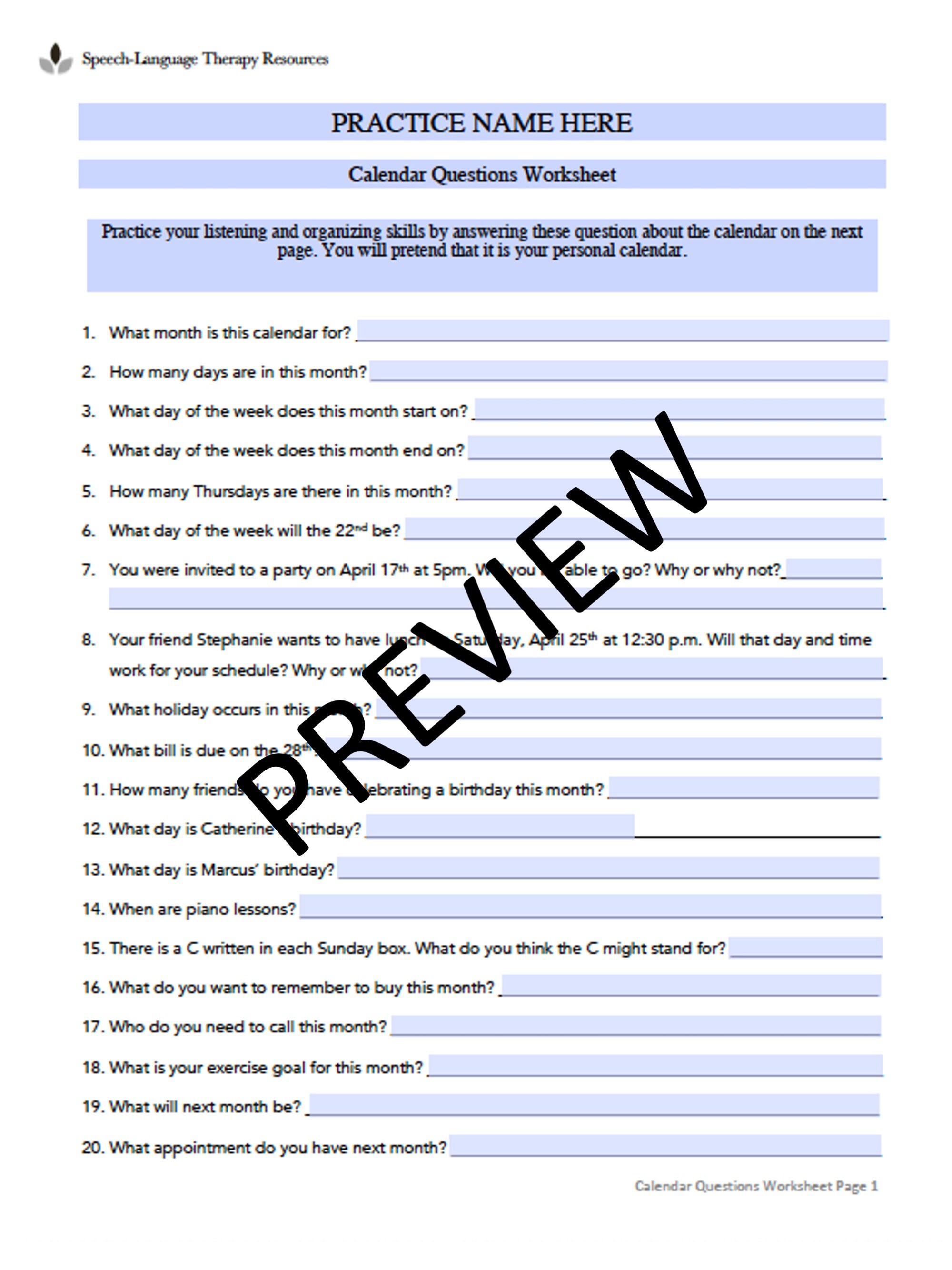 Calendar Questions Worksheet for Language Therapy | Fillable, Printable ...