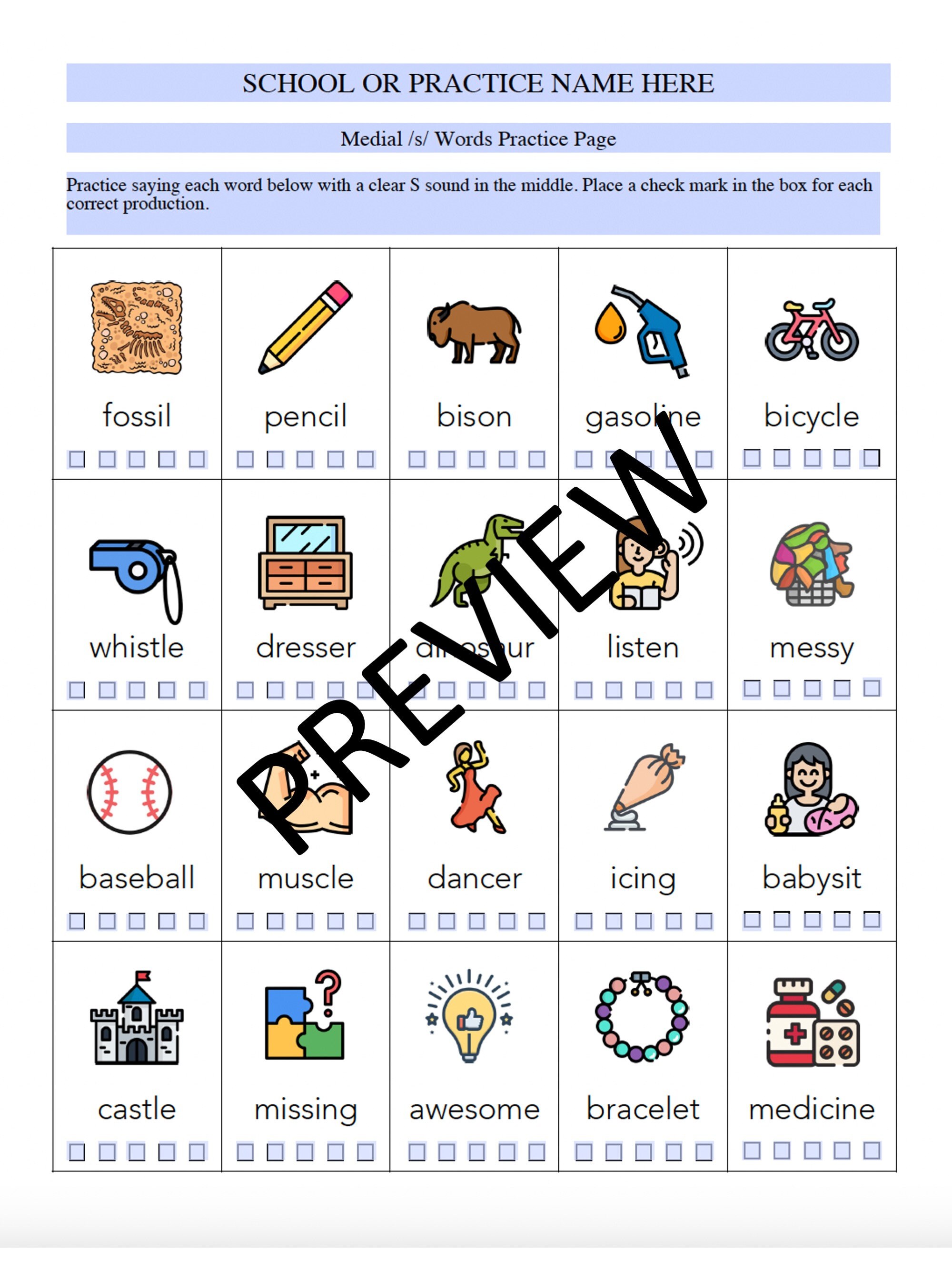 Medial /s/ Words Worksheet for Speech Therapy | Fillable PDF With ...