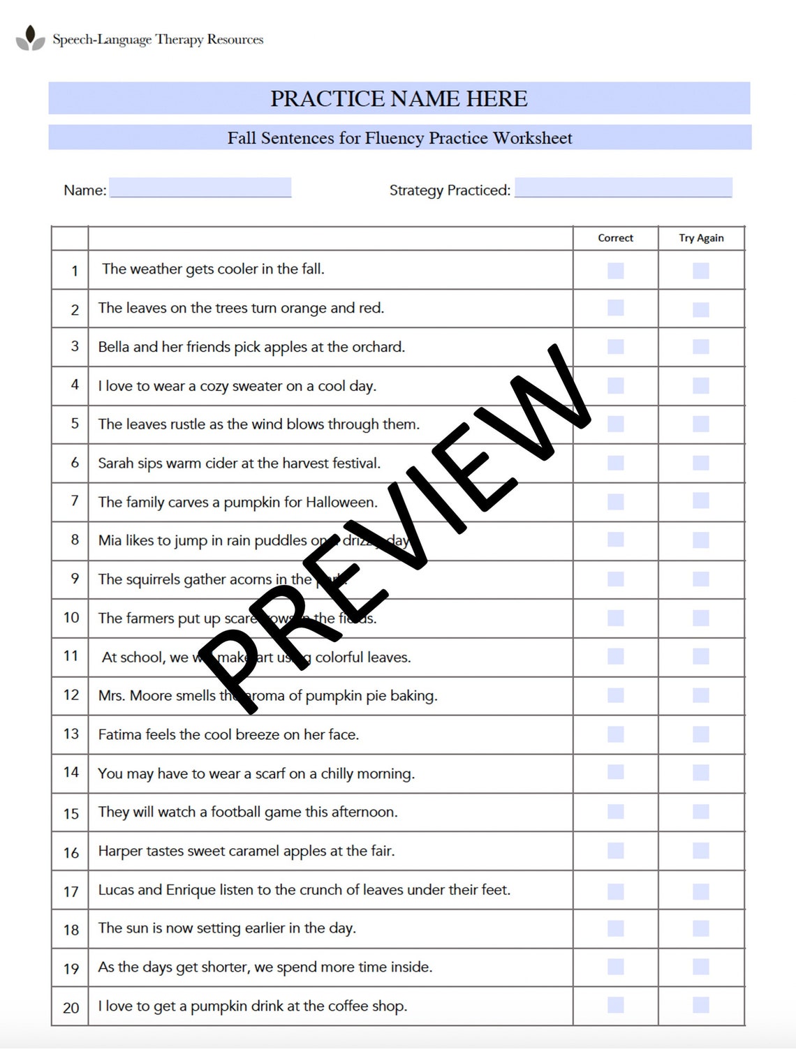 Fall Sentences for Fluency Practice Worksheet | Editable, Fillable ...