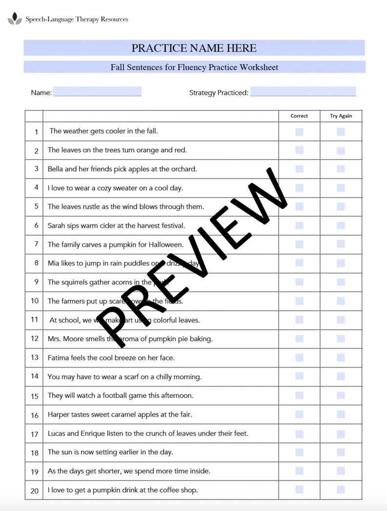 Fall Sentences for Fluency Practice Worksheet Editable, Fillable ...