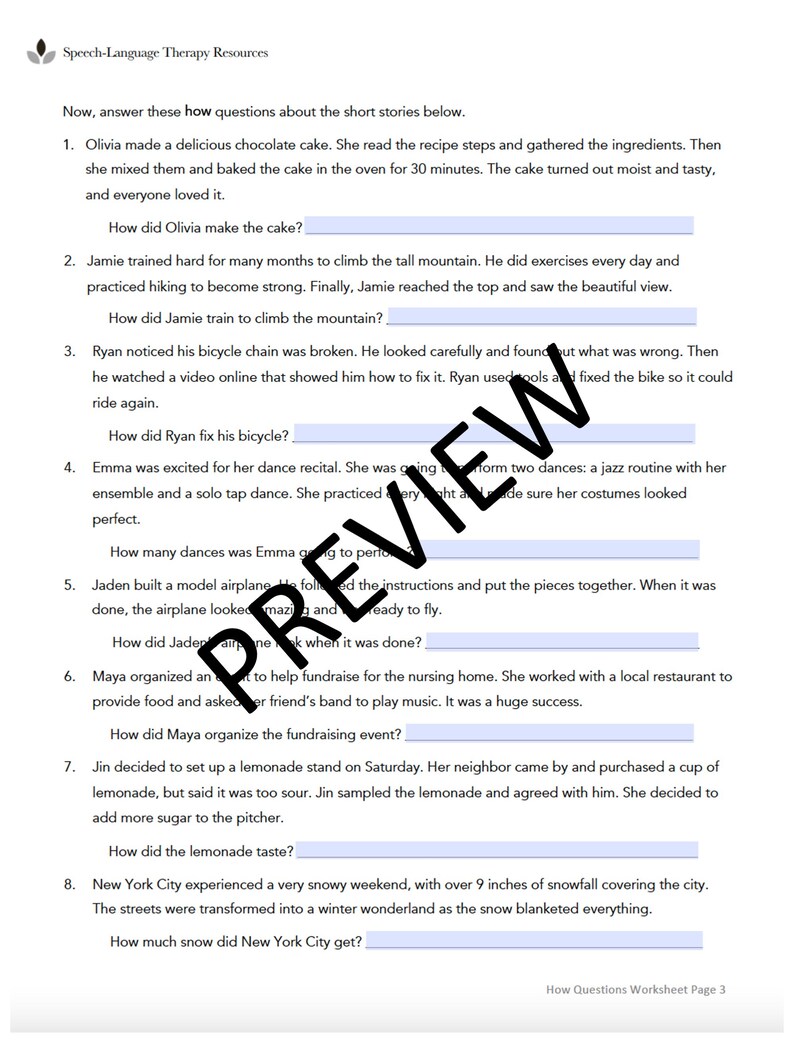 How Questions Worksheet for Speech Therapy | Fillable, Printable PDF ...
