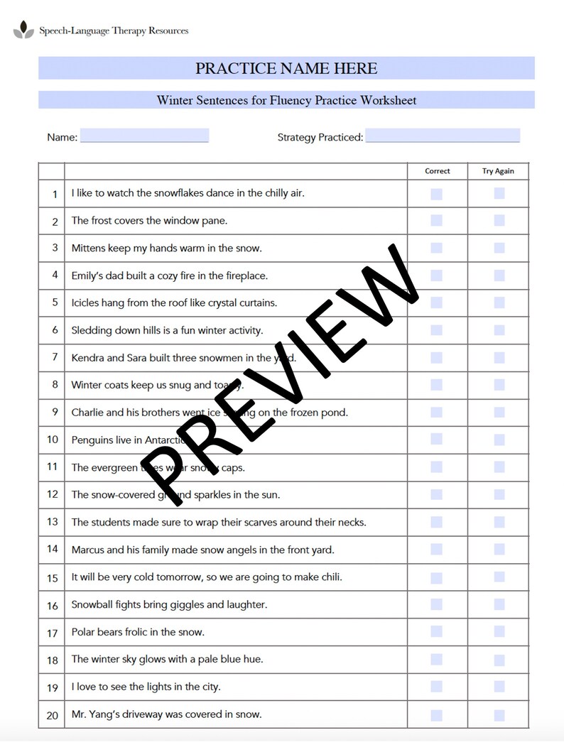 Winter Sentences for Fluency Practice Worksheet | Editable, Fillable ...