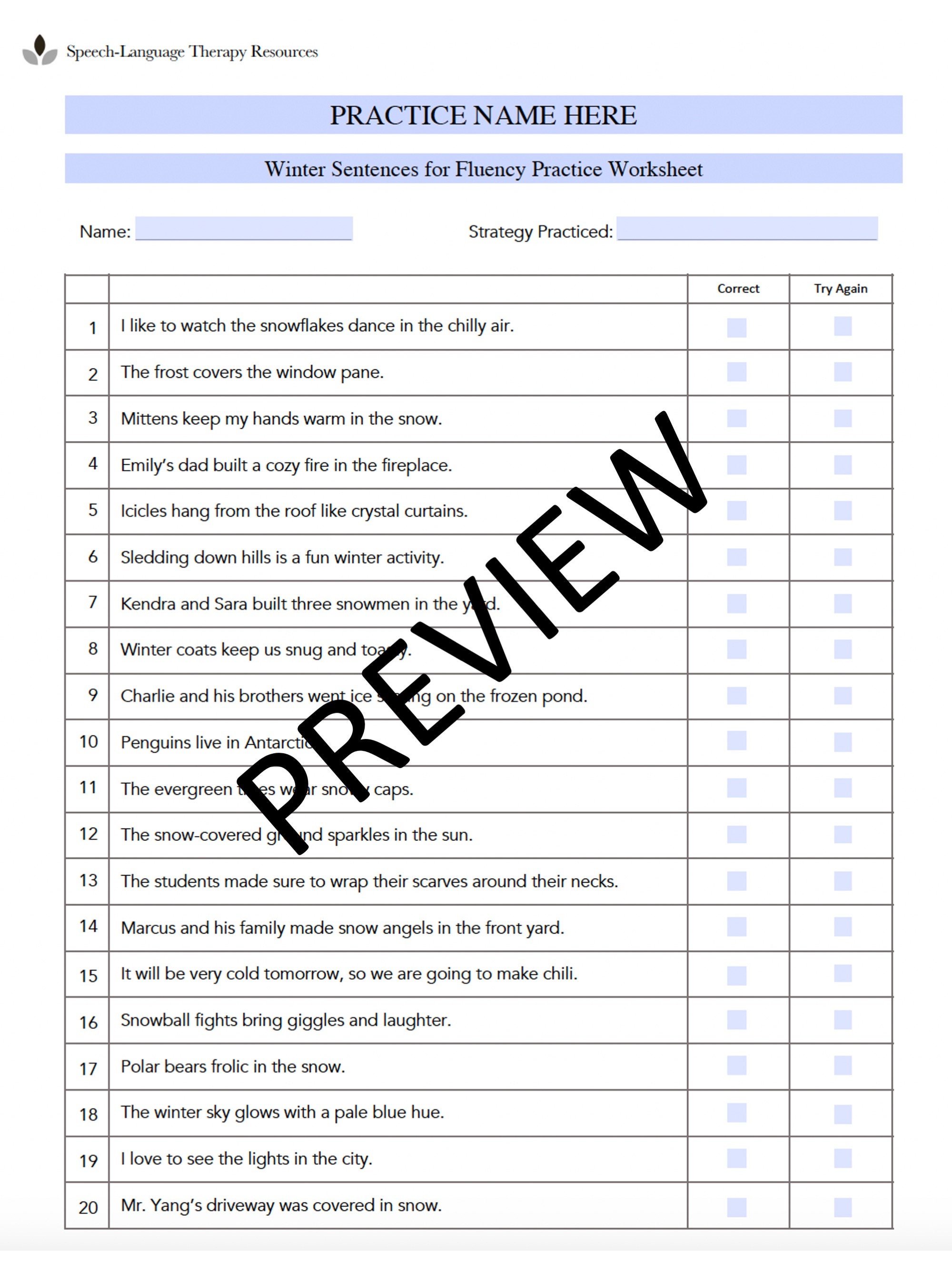 Winter Sentences for Fluency Practice Worksheet | Editable, Fillable ...