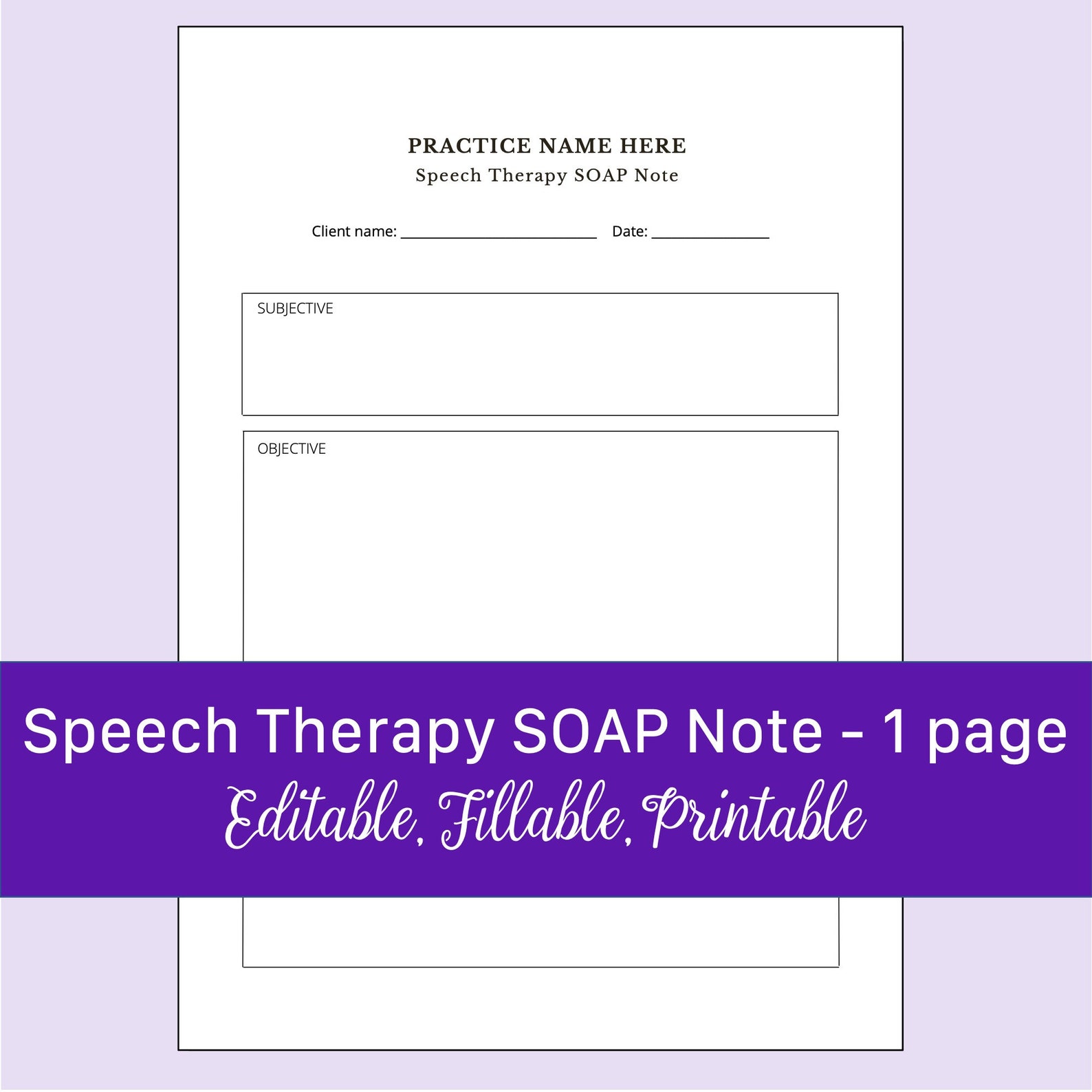 Speech Therapy SOAP Note One Page | Editable / Fillable / Printable PDF ...