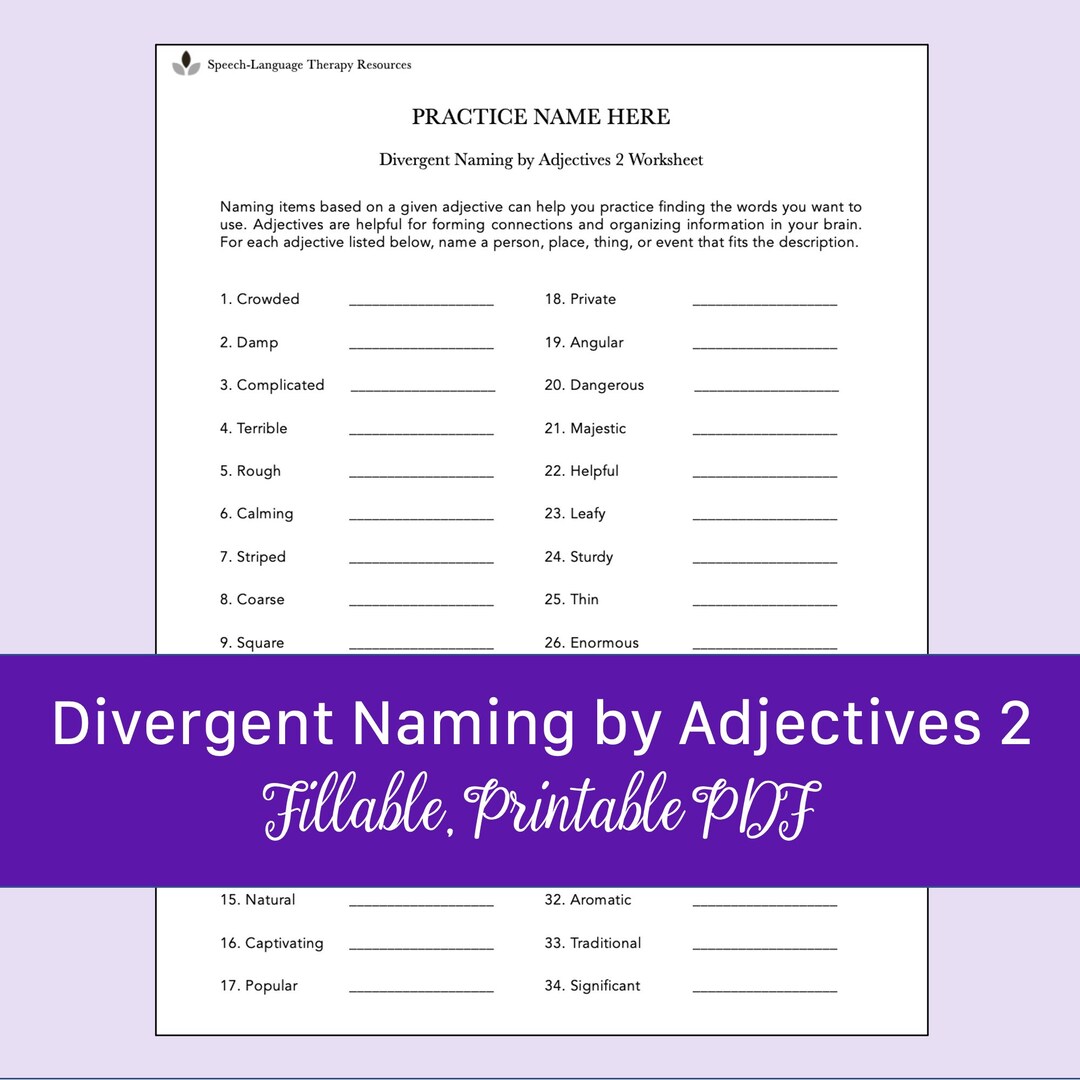 Divergent Naming by Adjectives Level 2 Speech Therapy Worksheet for ...