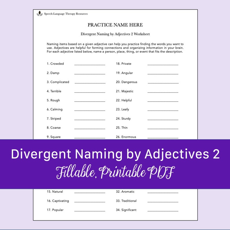 Divergent Naming by Adjectives Level 2 Speech Therapy Worksheet for ...