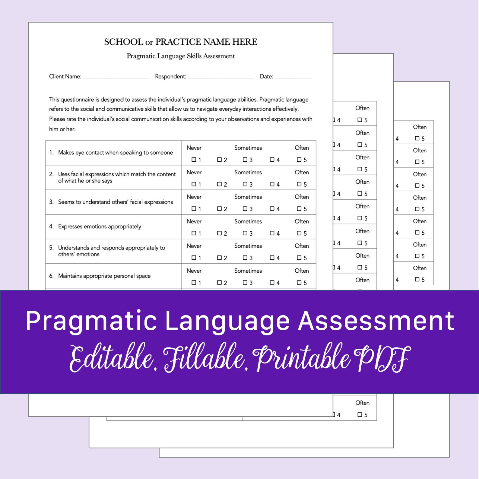 Pragmatic Language Skills Assessment for Speech Therapy | Fillable ...
