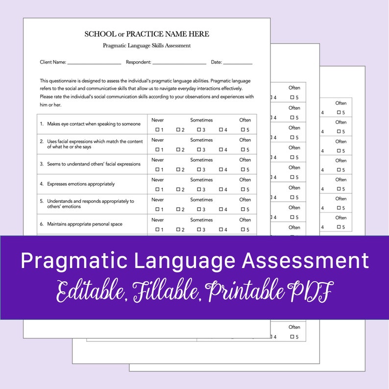 Pragmatic Language Skills Assessment for Speech Therapy | Fillable ...