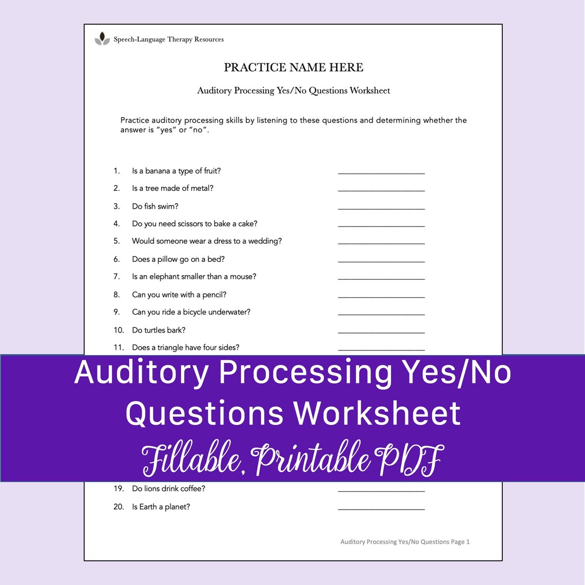 Auditory Processing Yes/no Questions Worksheet (fillable, Printable PDF ...