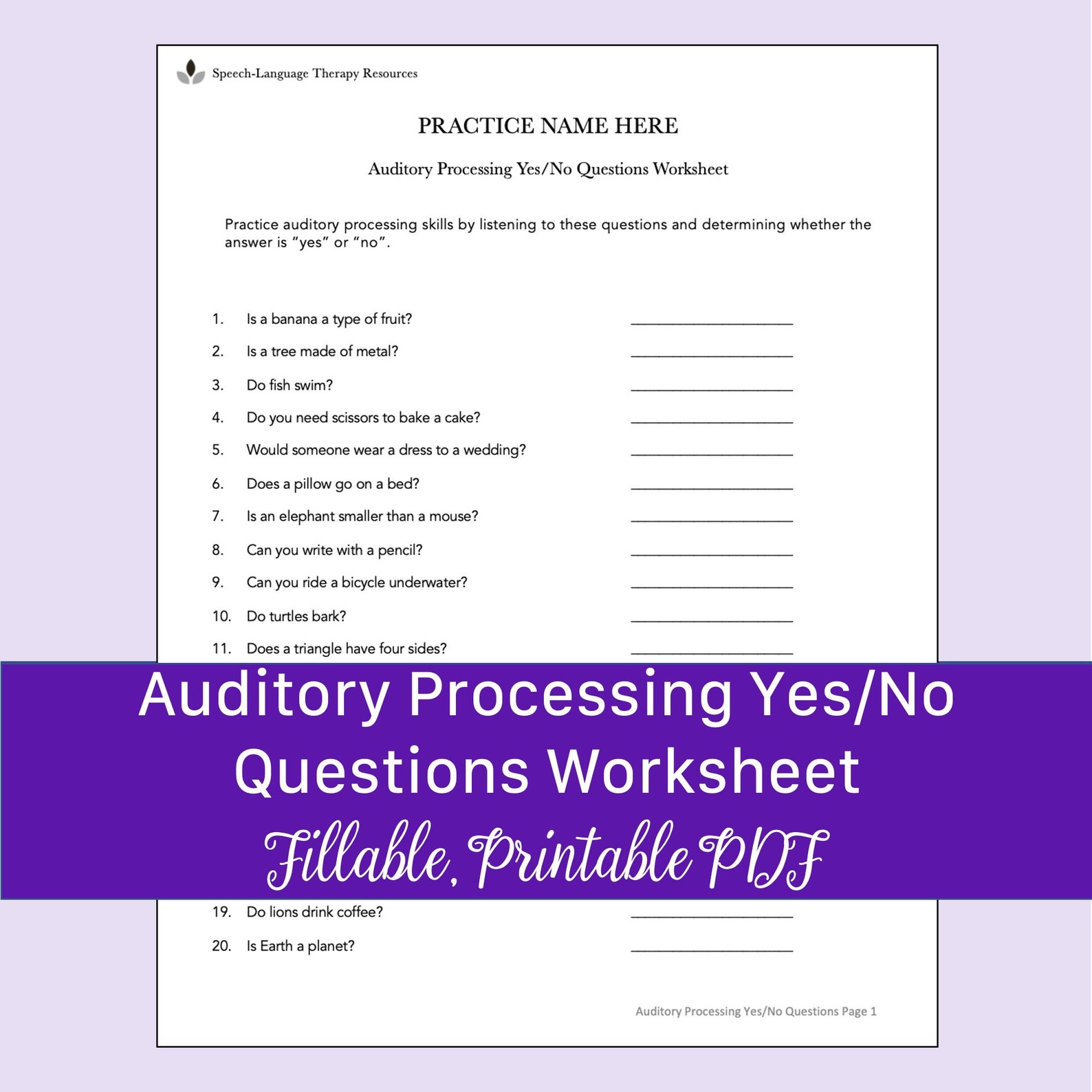 Auditory Processing Yes/no Questions Worksheet (fillable, Printable PDF ...