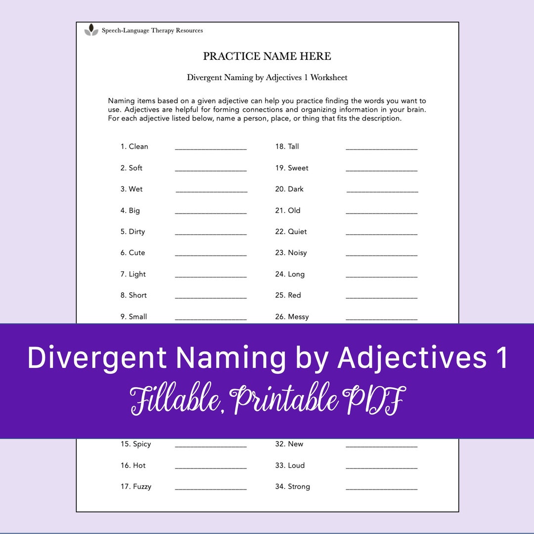 Divergent Naming by Adjectives Level 1 for Speech Therapy | Fillable ...