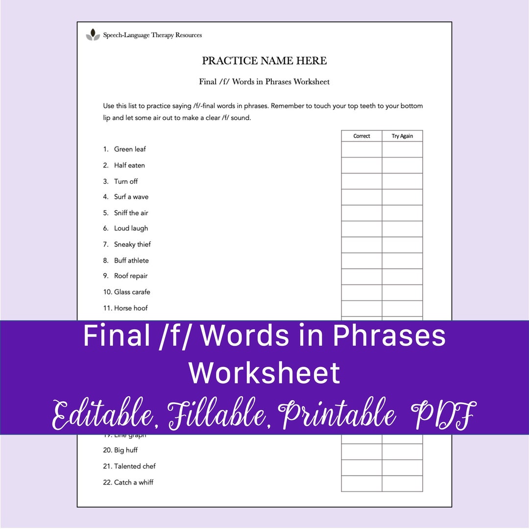 Final /f/ Words in Phrases Worksheet for Speech Therapy | Printable ...