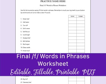 Letter F Beginning Phrases Worksheet for Speech Therapy printable PDF ...