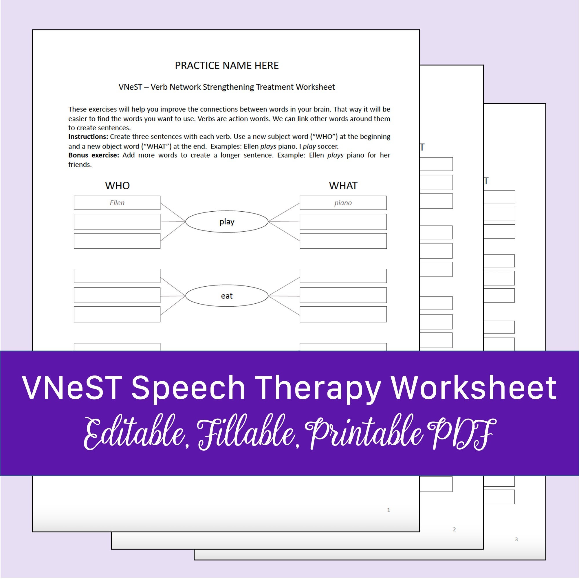 Vnest (verb Network Strengthening Treatment) Speech Therapy Worksheet ...