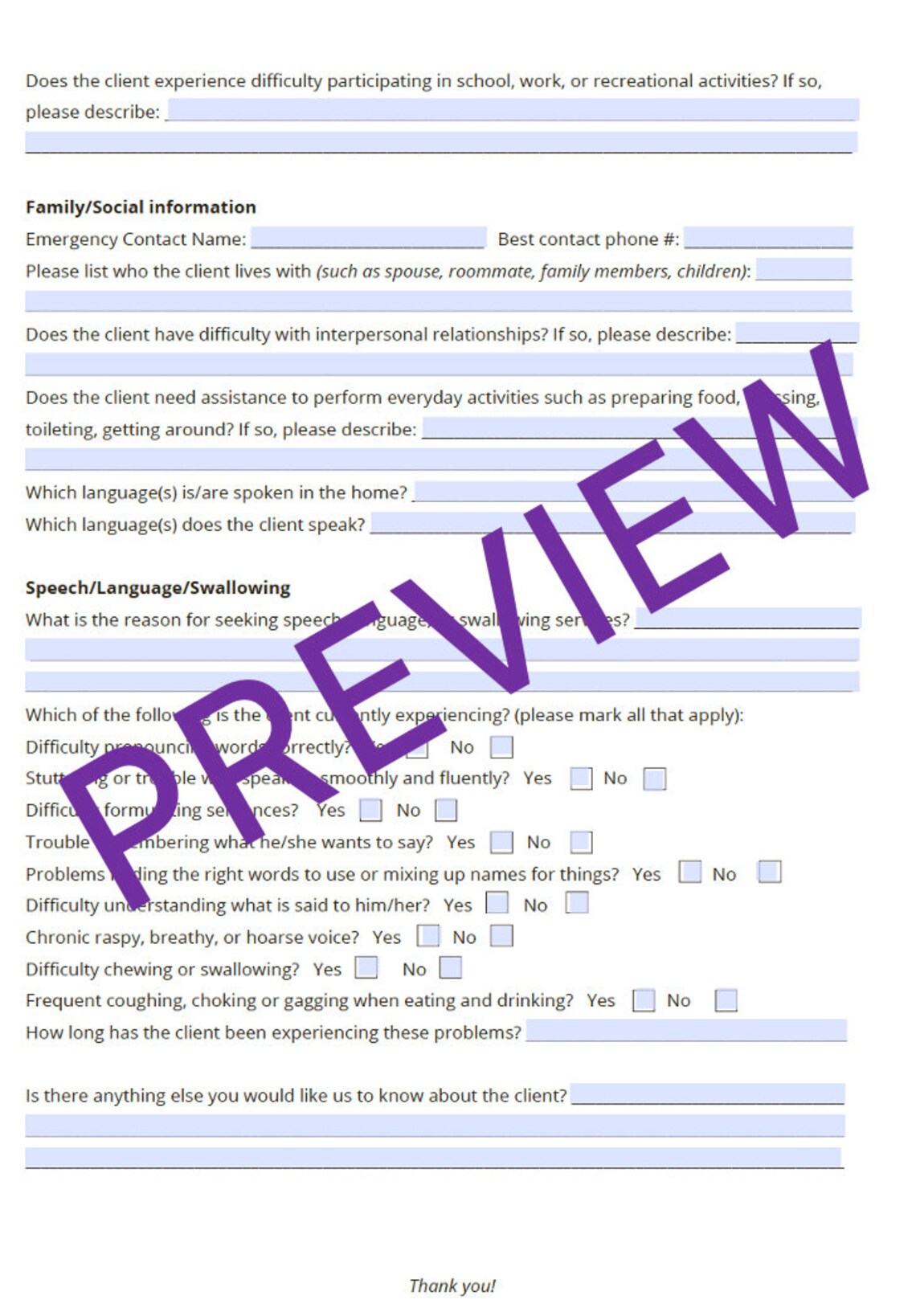 Speech Therapy Intake Form for Adults | Editable, Fillable, Printable ...