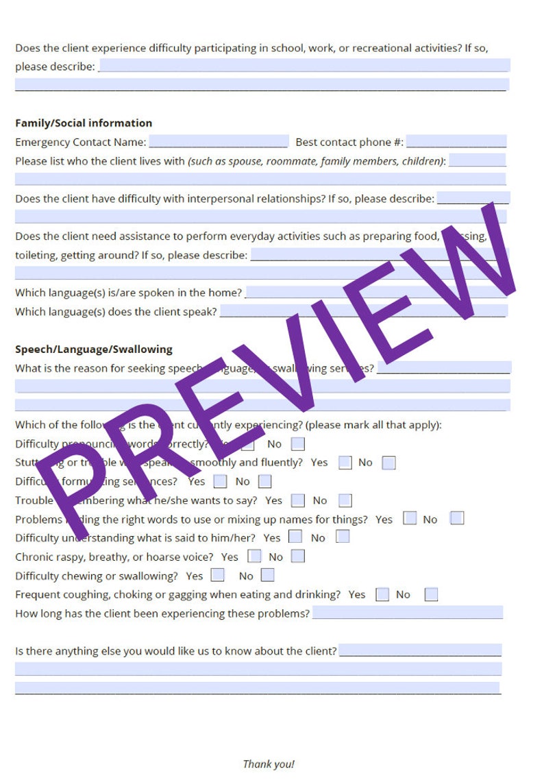 Speech Therapy Intake Form for Adults | Editable, Fillable, Printable ...