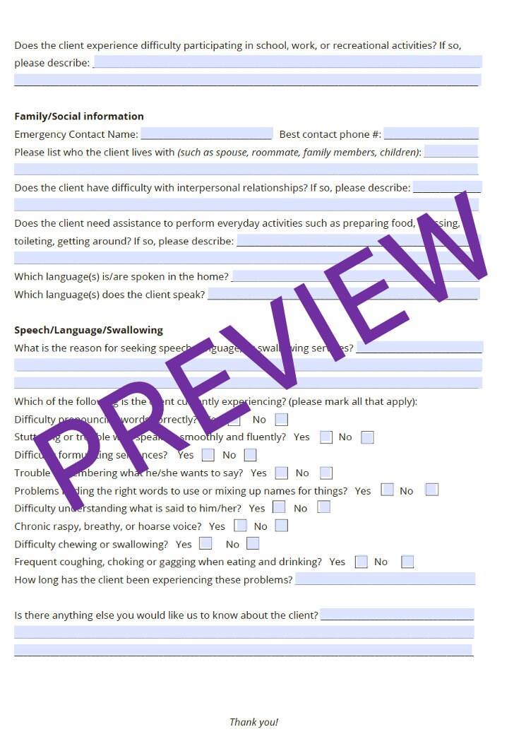 Speech Therapy Intake Form for Adults | Editable, Fillable, Printable ...