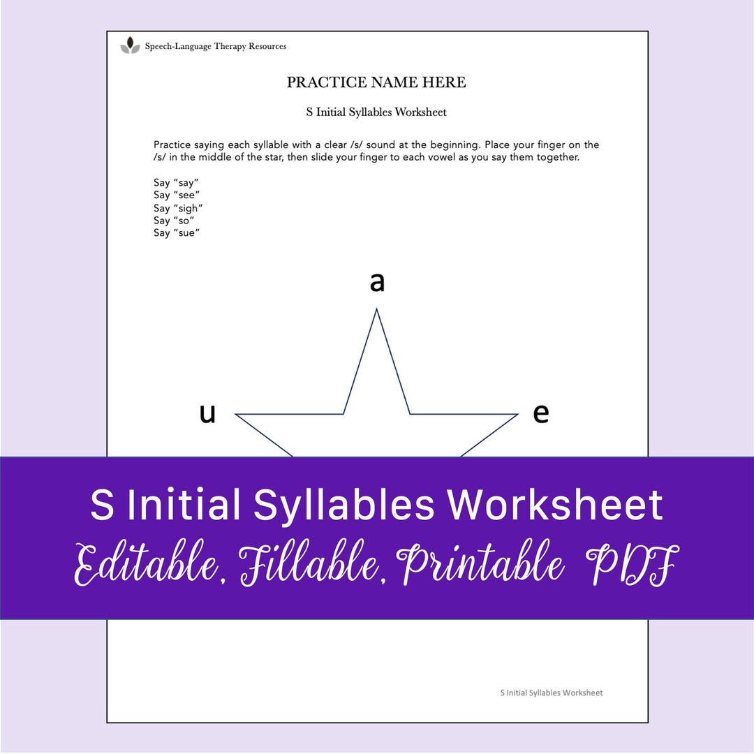 S Initial Syllables Worksheet for Speech Therapy | Fillable PDF With ...