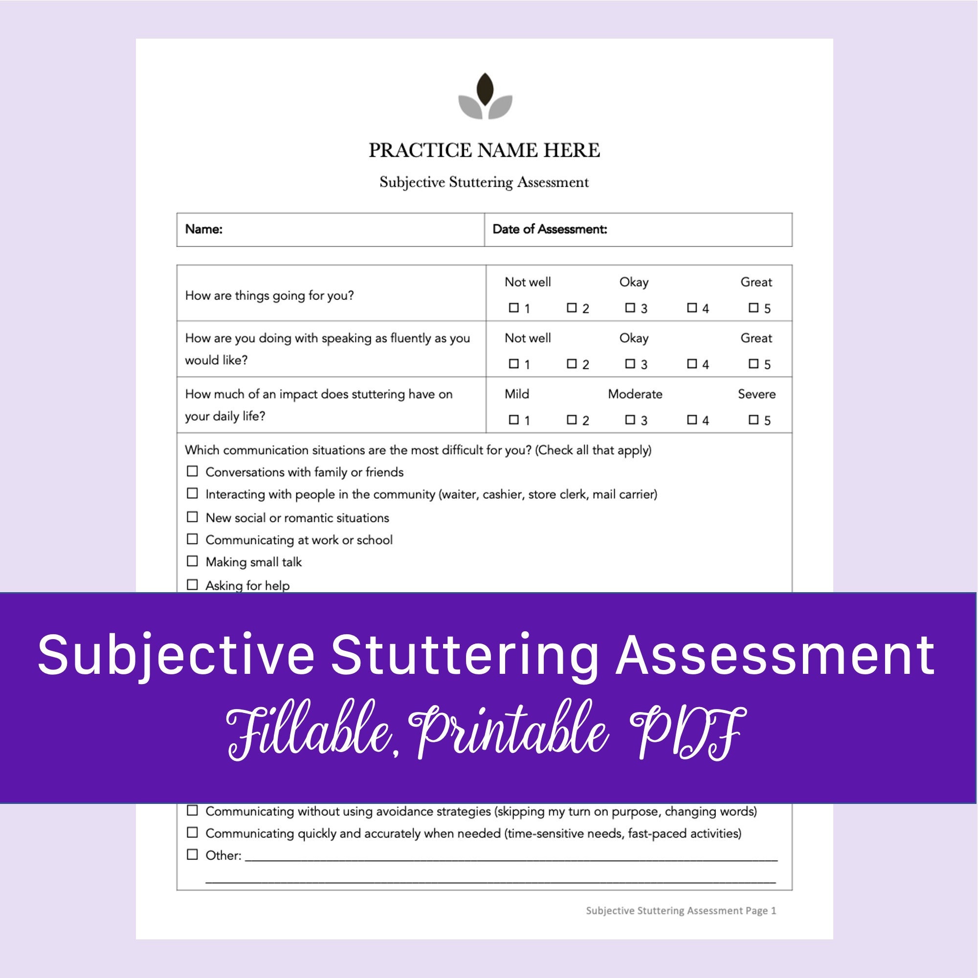 Subjective Stuttering Assessment | Fillable, Printable PDF With ...