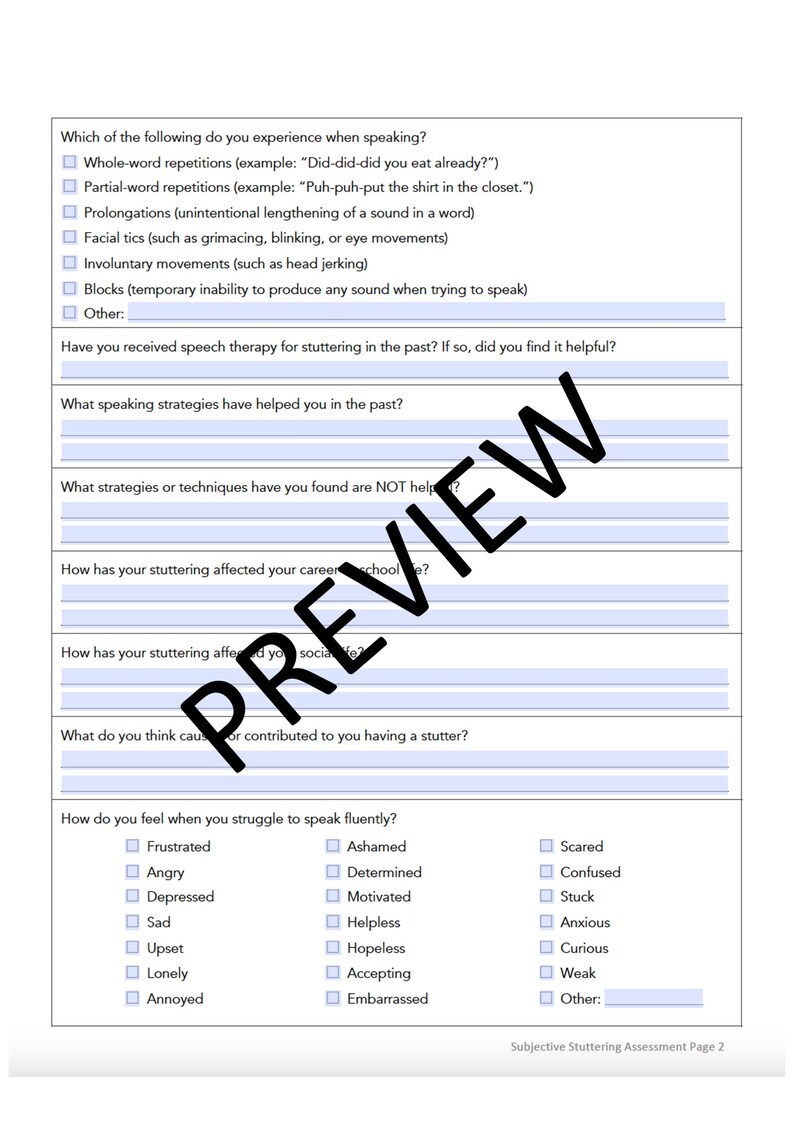 Subjective Stuttering Assessment | Fillable, Printable PDF With ...