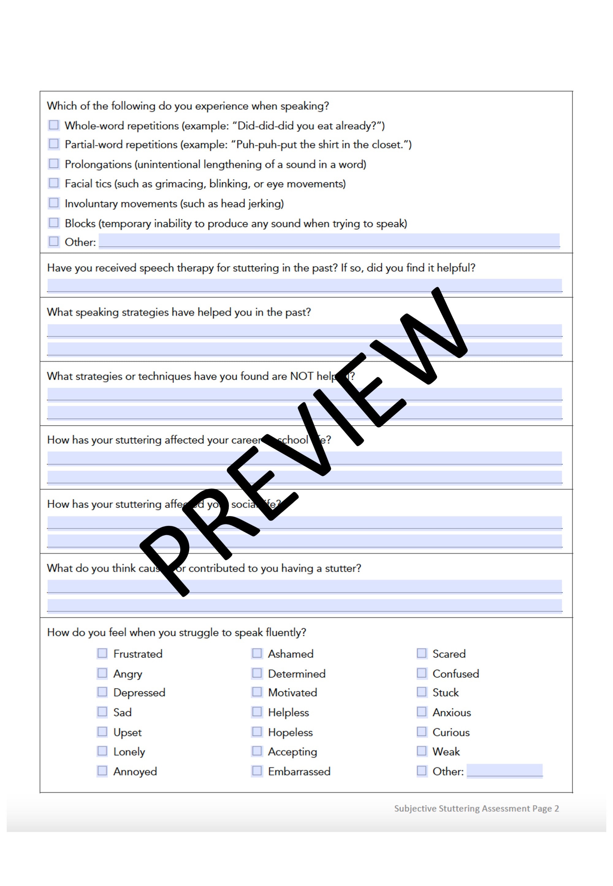 Subjective Stuttering Assessment Fillable, Printable PDF With Editable ...