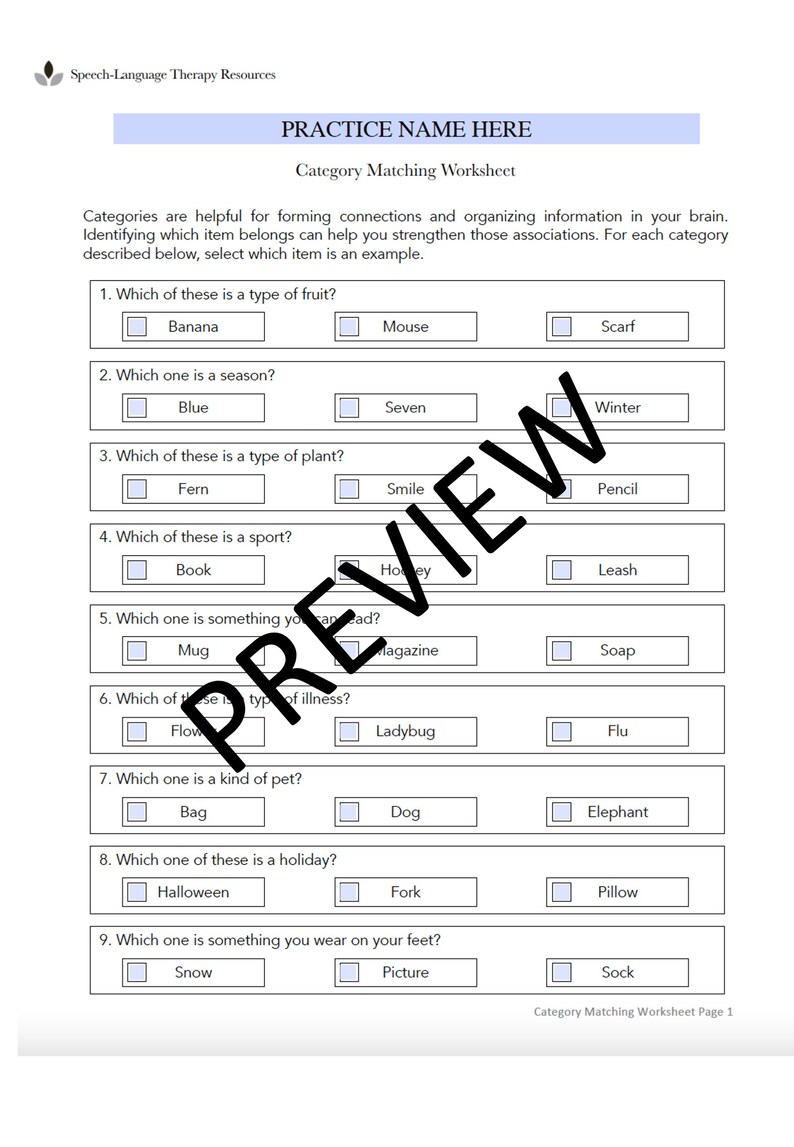 Category Matching Worksheet for Speech Therapy | Fillable, Printable ...