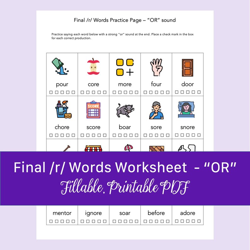 Final /r/ Words - "or" Sound Worksheet for Speech Therapy | Fillable ...