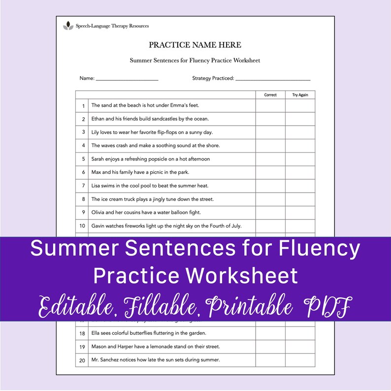 Summer Sentences for Fluency Practice Worksheet | Editable, Fillable ...