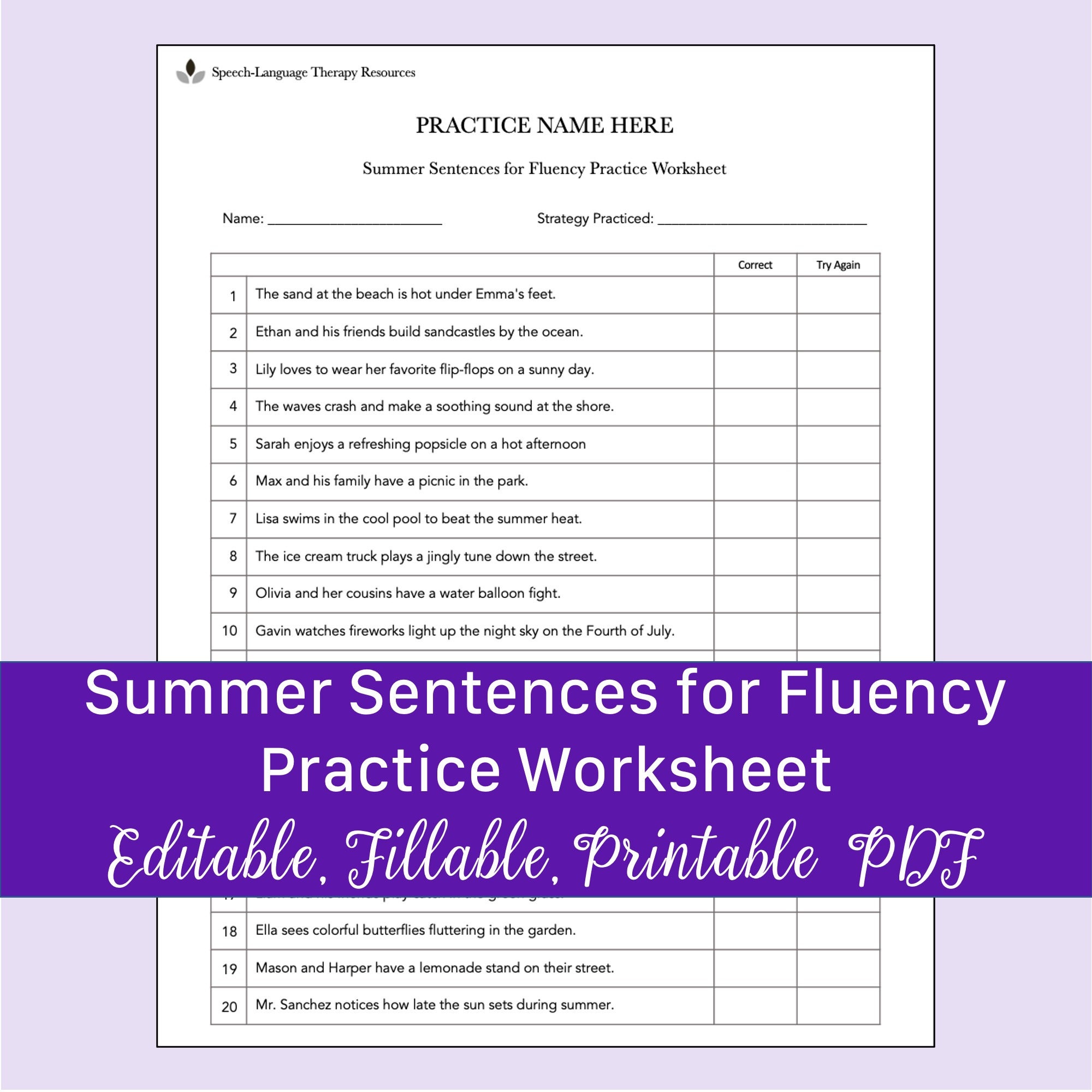 Summer Sentences for Fluency Practice Worksheet | Editable, Fillable ...
