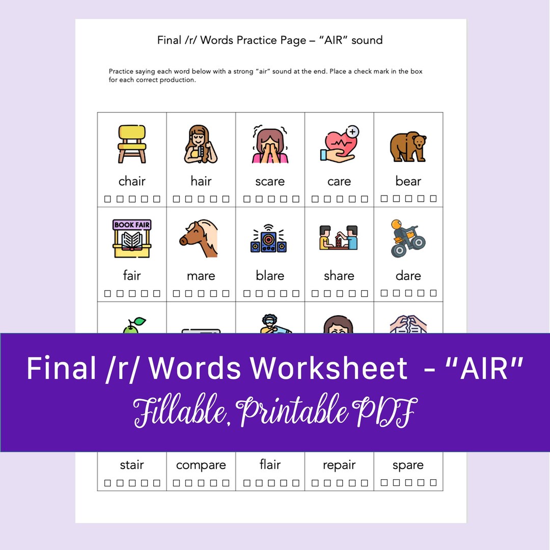 Final /r/ Words - "air" Sound Worksheet for Speech Therapy | Fillable ...