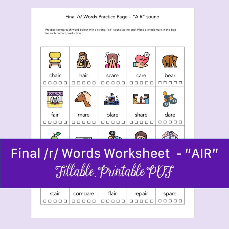Final /r/ Words air Sound Worksheet for Speech Therapy Fillable PDF - Etsy