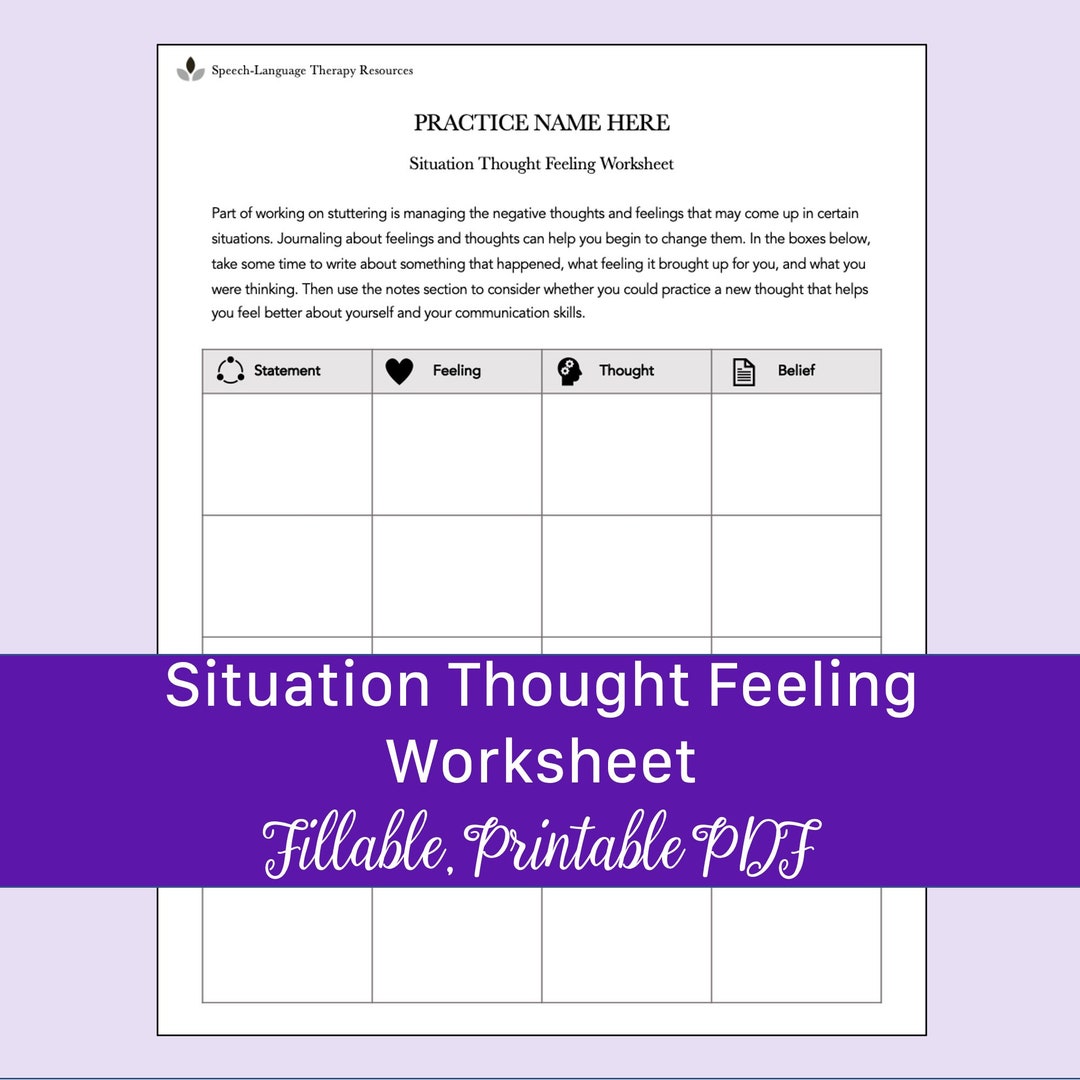 Situation Thought Feeling Worksheet for Stuttering Speech Therapy ...