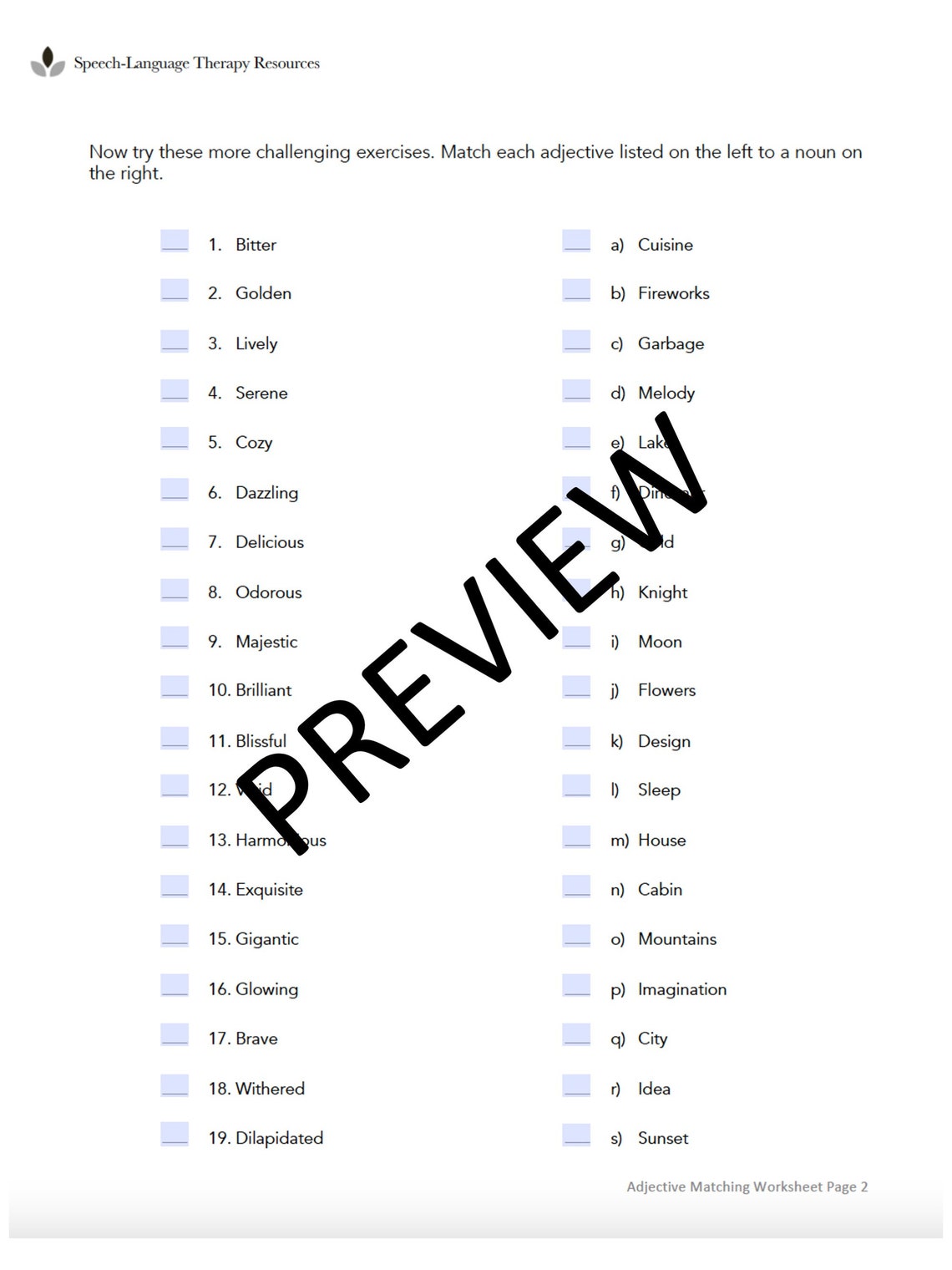 Adjective Matching Worksheet for Speech Therapy Fillable, Printable PDF ...
