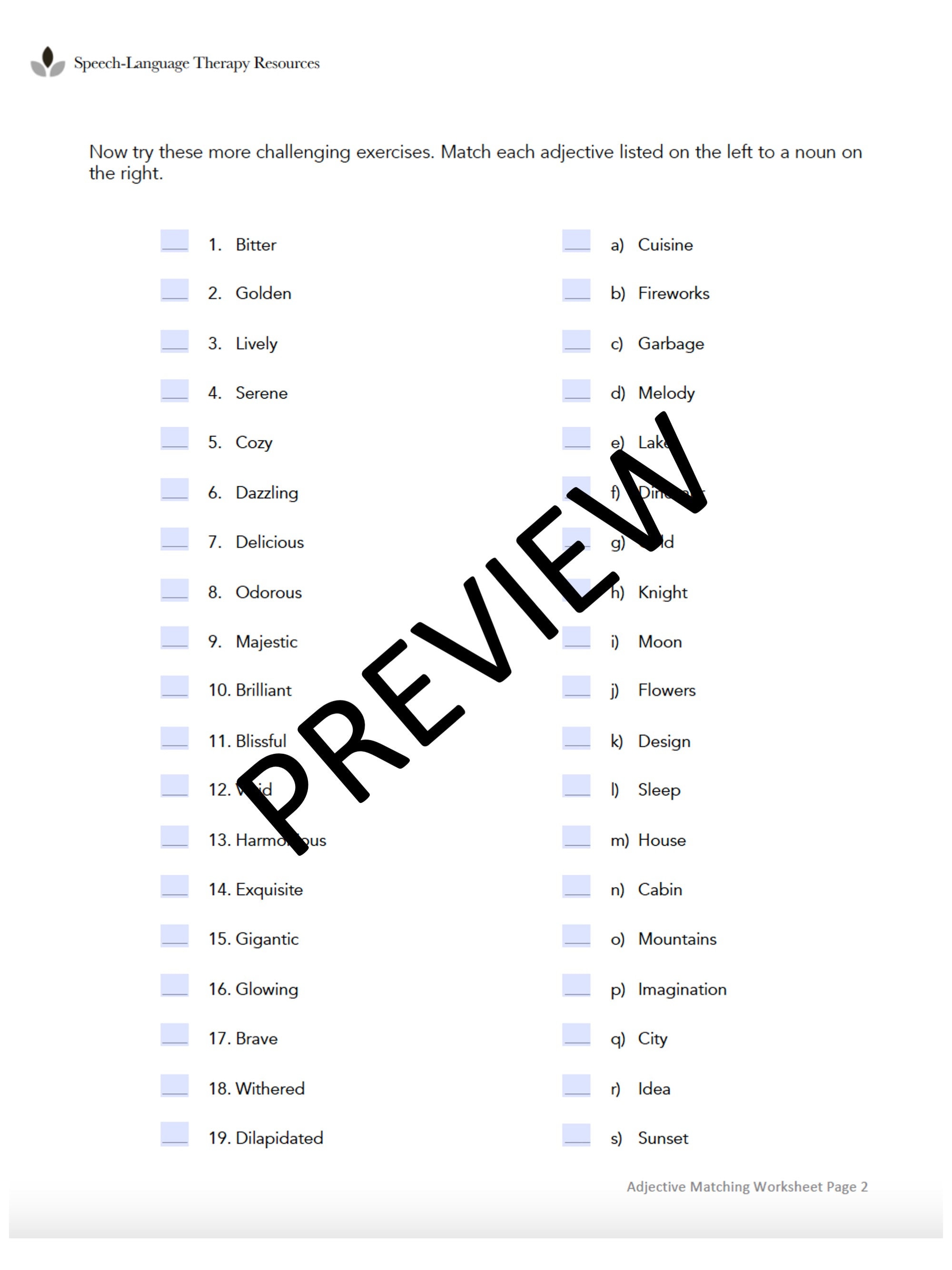 Adjective Matching Worksheet for Speech Therapy Fillable, Printable PDF ...