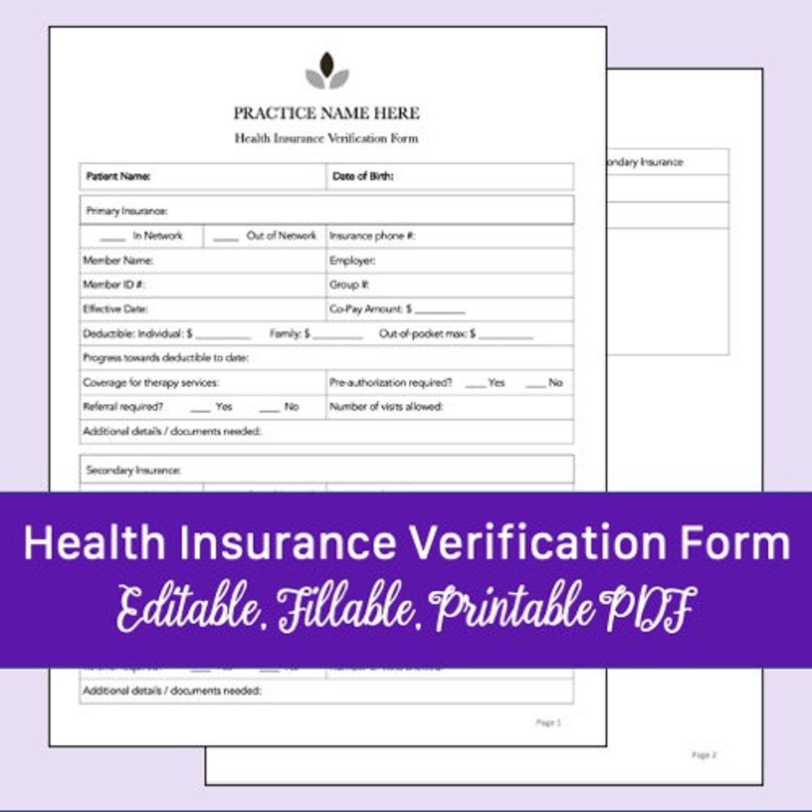 Health Insurance Verification Form for Speech Therapy | Editable ...