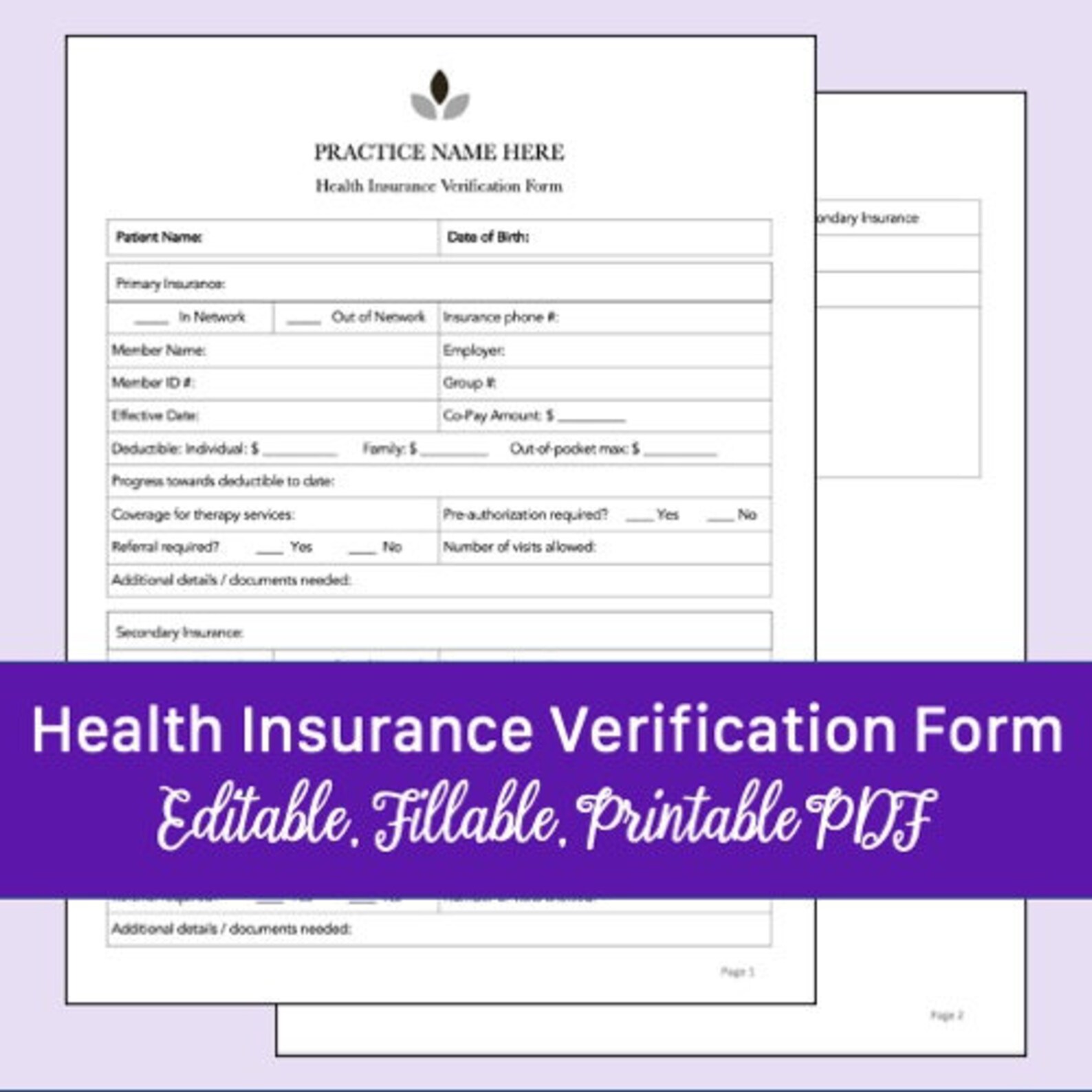 Health Insurance Verification Form for Speech Therapy | Editable ...