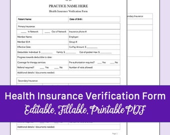 Health Insurance Verification Form for Speech Therapy (editable ...