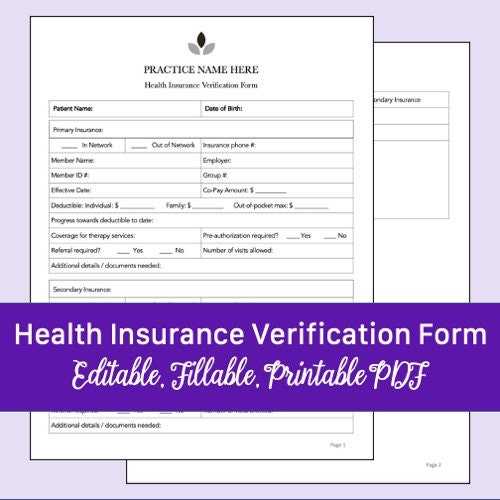 Health Insurance Verification Form for Speech Therapy | Editable ...