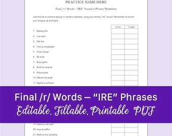 Final /R/ Words “OR” Phrases Worksheet for Speech Therapy (editable ...