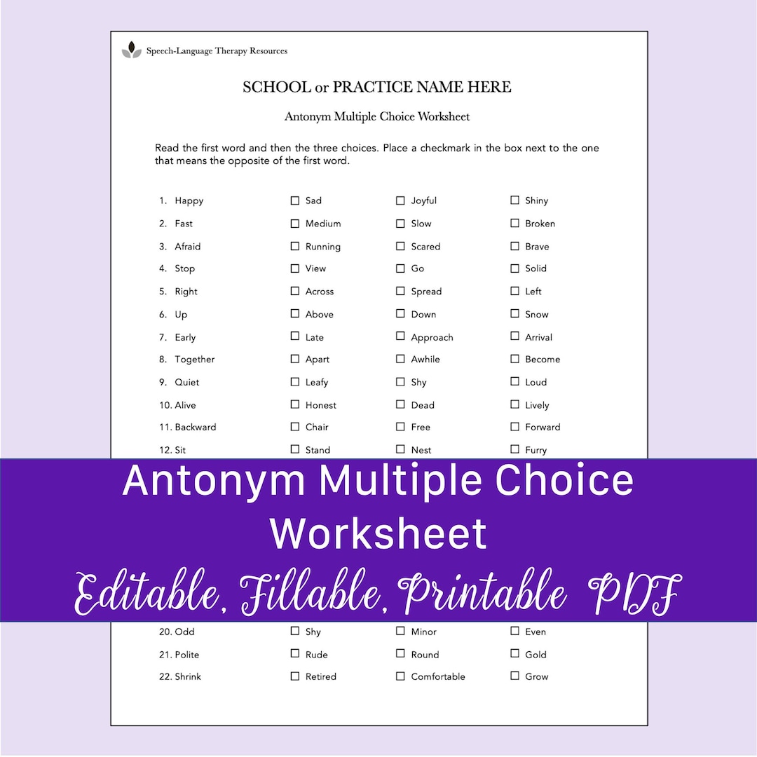 Antonym Multiple Choice Worksheet for Speech Therapy | Fillable ...