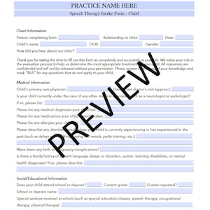 Speech Therapy Intake Form - Child, Extended Version | Fillable ...