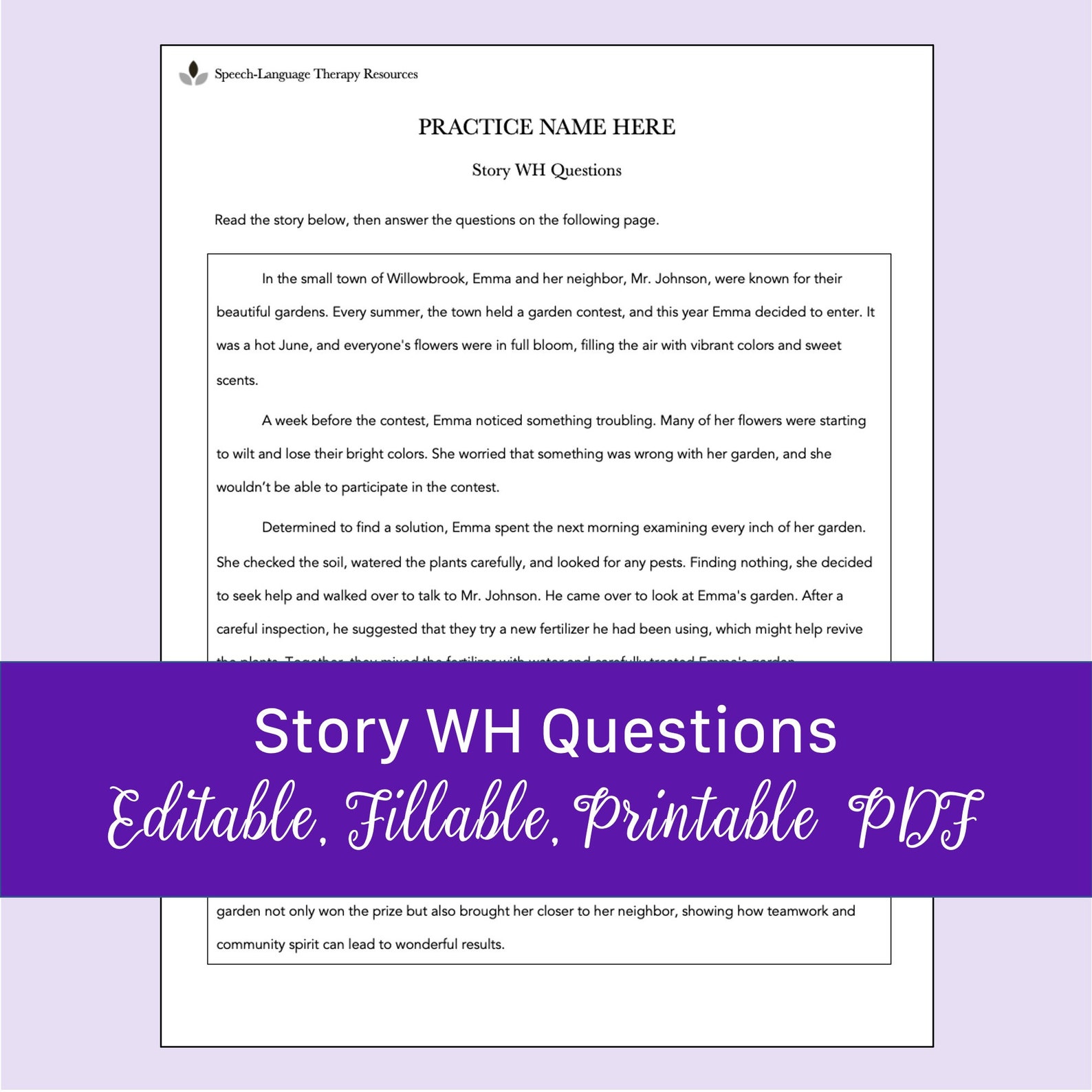 Story WH Questions for Speech Therapy Fillable, Printable PDF - Etsy