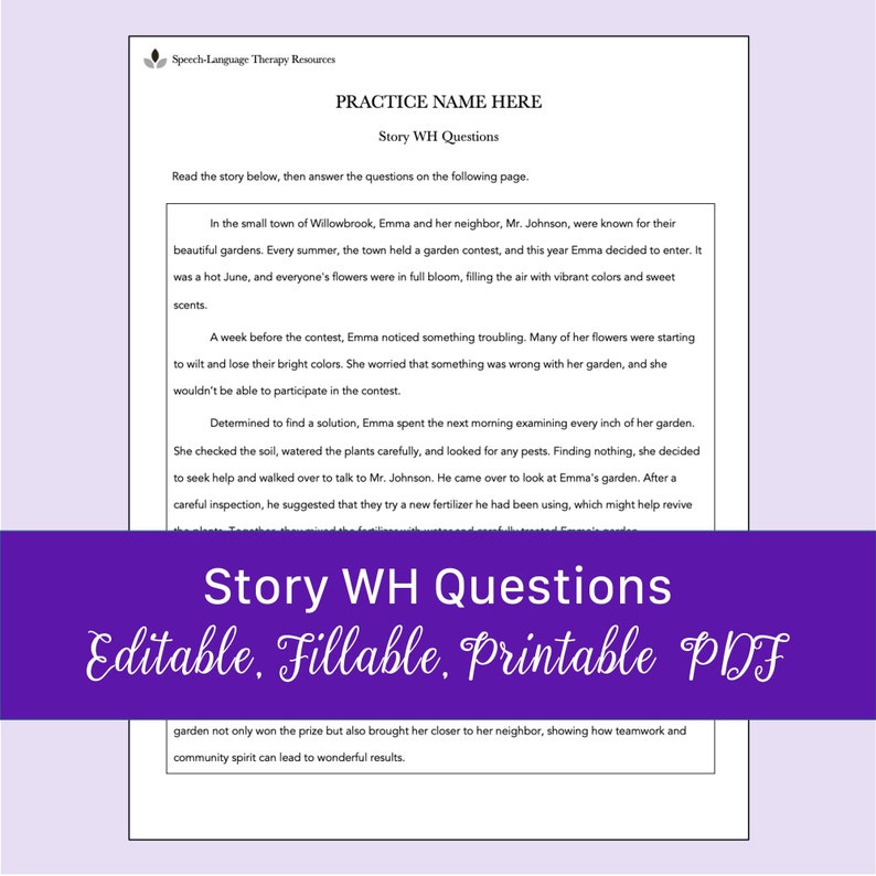 Story WH Questions for Speech Therapy | Fillable, Printable PDF - Etsy