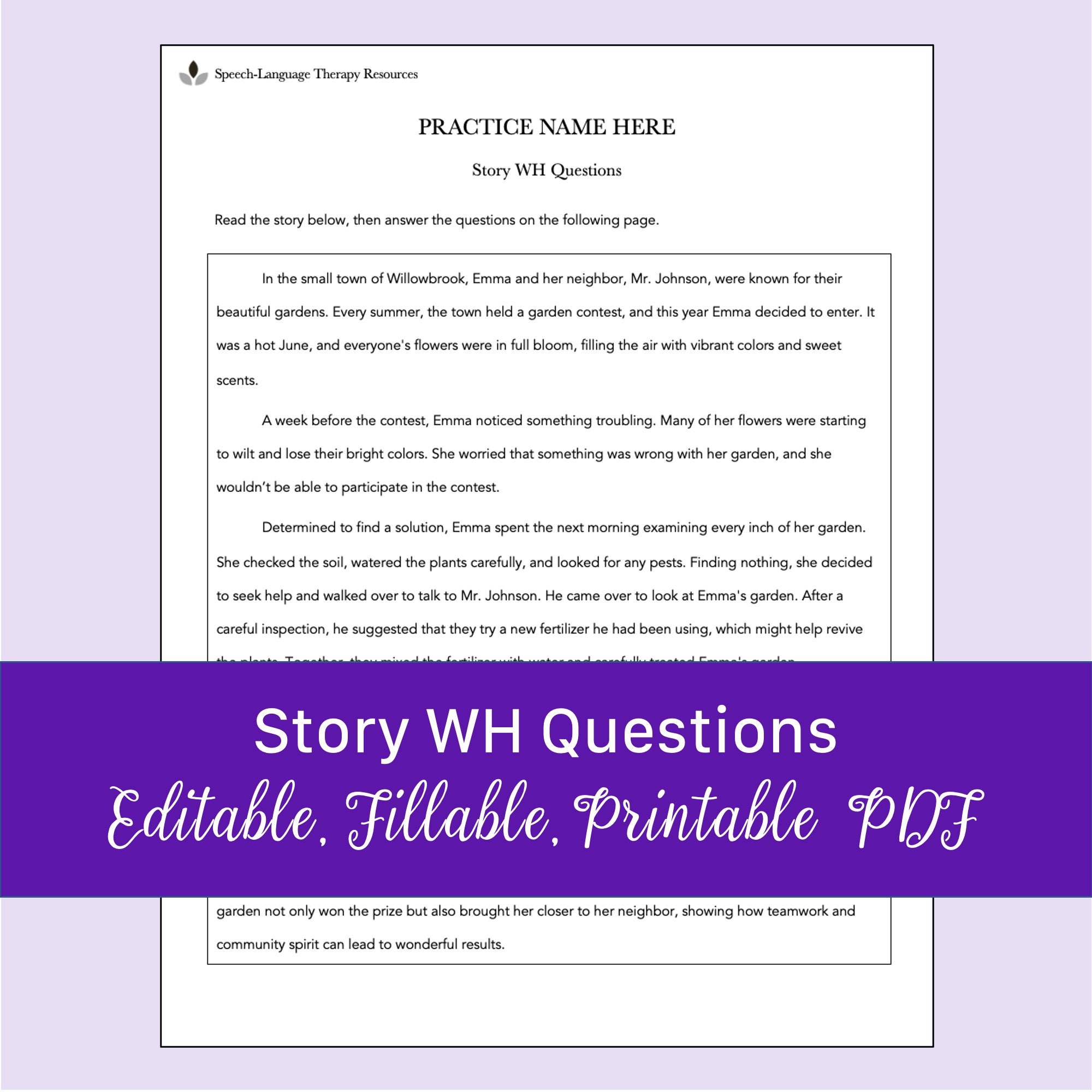Story WH Questions for Speech Therapy Fillable, Printable PDF - Etsy