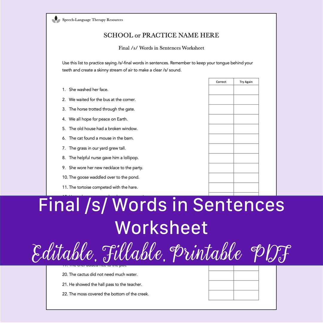 Final /s/ Words in Sentences Worksheet for Speech Therapy | Printable ...
