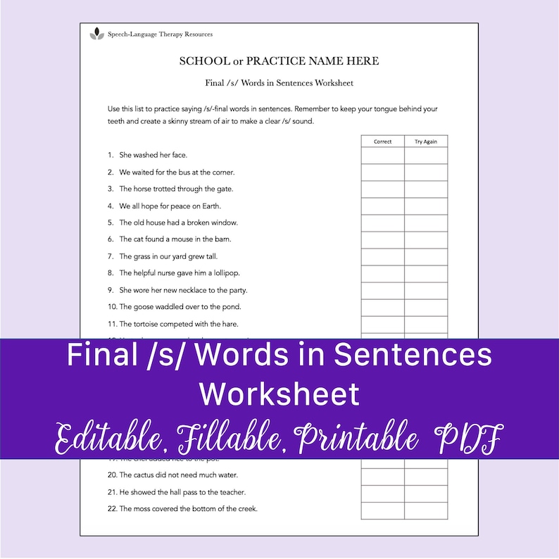 Final /s/ Words in Sentences Worksheet for Speech Therapy | Printable ...