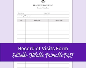 Record of Visits Form for Speech Therapy editable, Fillable, Printable ...